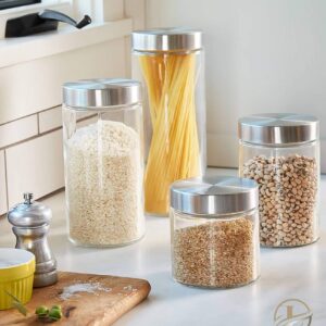 4pc Canister Sets for Kitchen Counter or Bathroom + Labels & Marker, Glass Cookie Jars with Airtight Lids - Food Storage Containers with Lids Airtight for Pantry - Flour, Sugar, Coffee, Cookies, etc.