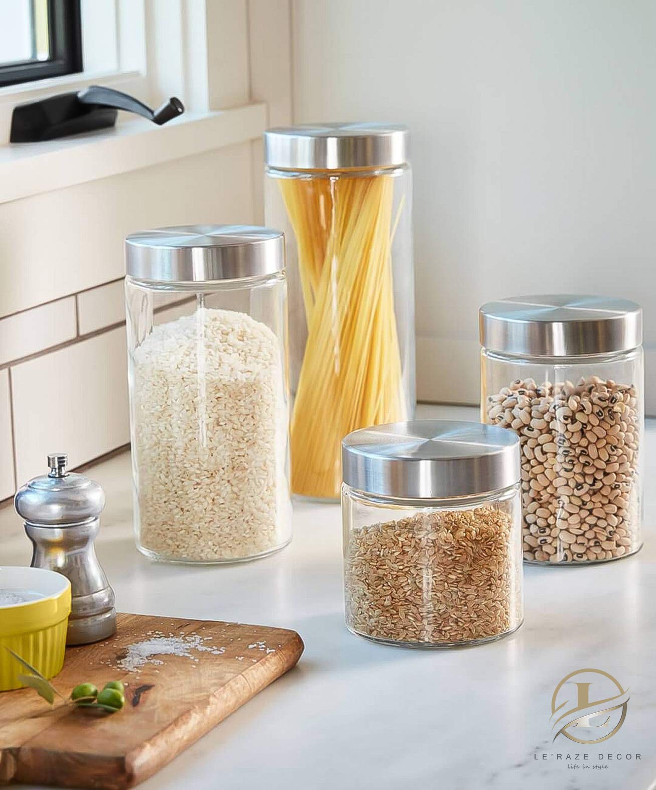 4pc Canister Sets for Kitchen Counter or Bathroom + Labels & Marker, Glass Cookie Jars with Airtight Lids - Food Storage Containers with Lids Airtight for Pantry - Flour, Sugar, Coffee, Cookies, etc.