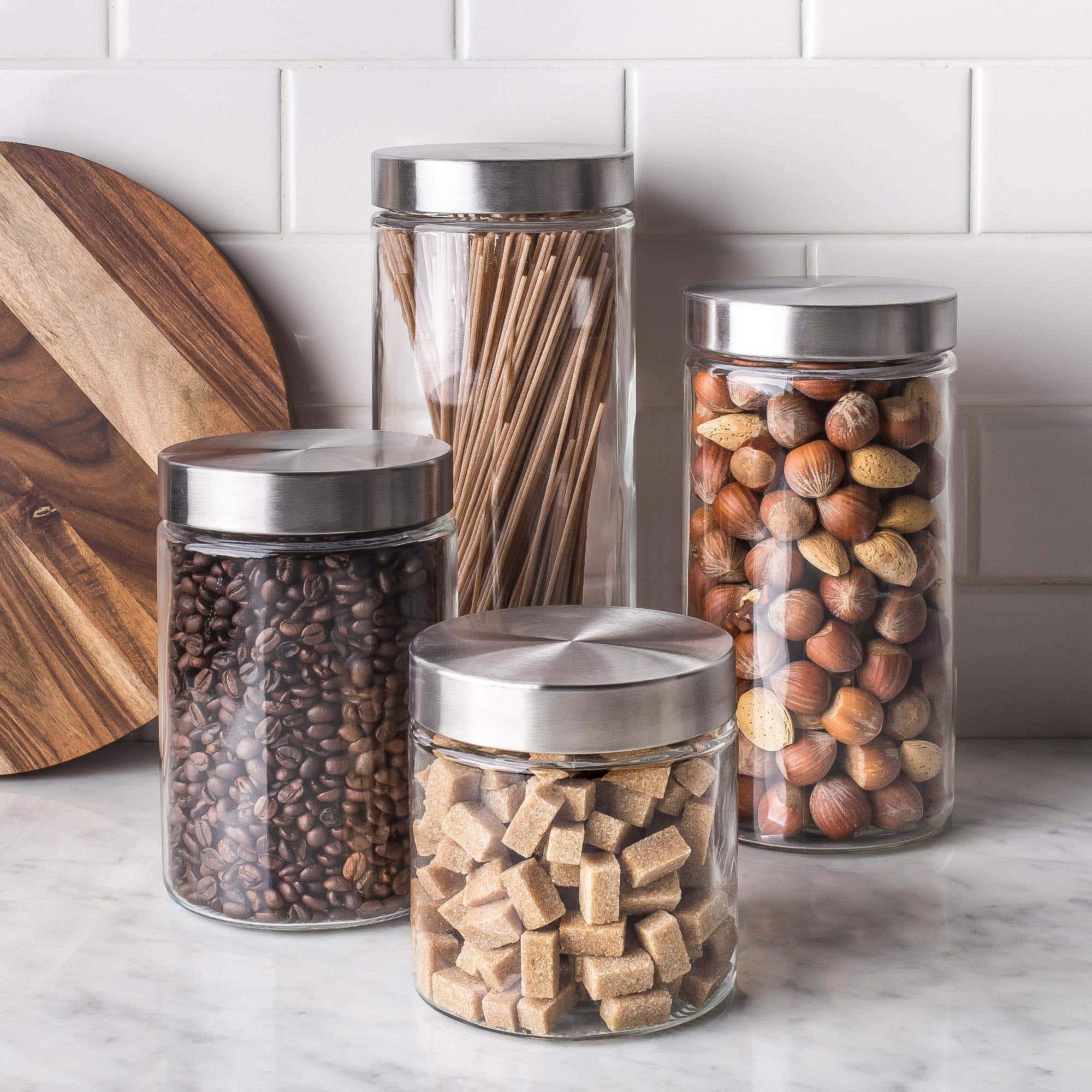 4pc Canister Sets for Kitchen Counter or Bathroom + Labels & Marker, Glass Cookie Jars with Airtight Lids - Food Storage Containers with Lids Airtight for Pantry - Flour, Sugar, Coffee, Cookies, etc.