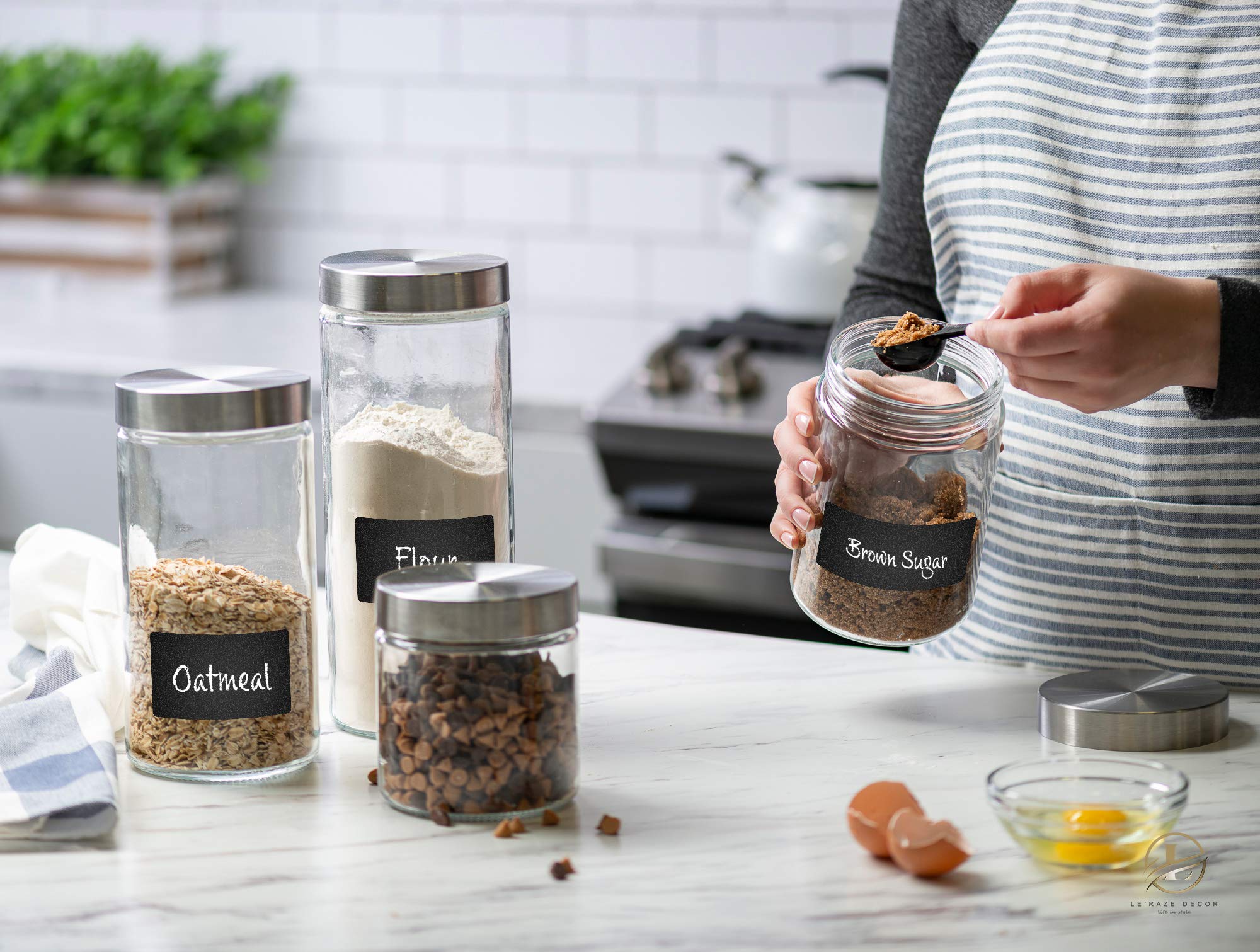 4pc Canister Sets for Kitchen Counter or Bathroom + Labels & Marker, Glass Cookie Jars with Airtight Lids - Food Storage Containers with Lids Airtight for Pantry - Flour, Sugar, Coffee, Cookies, etc.