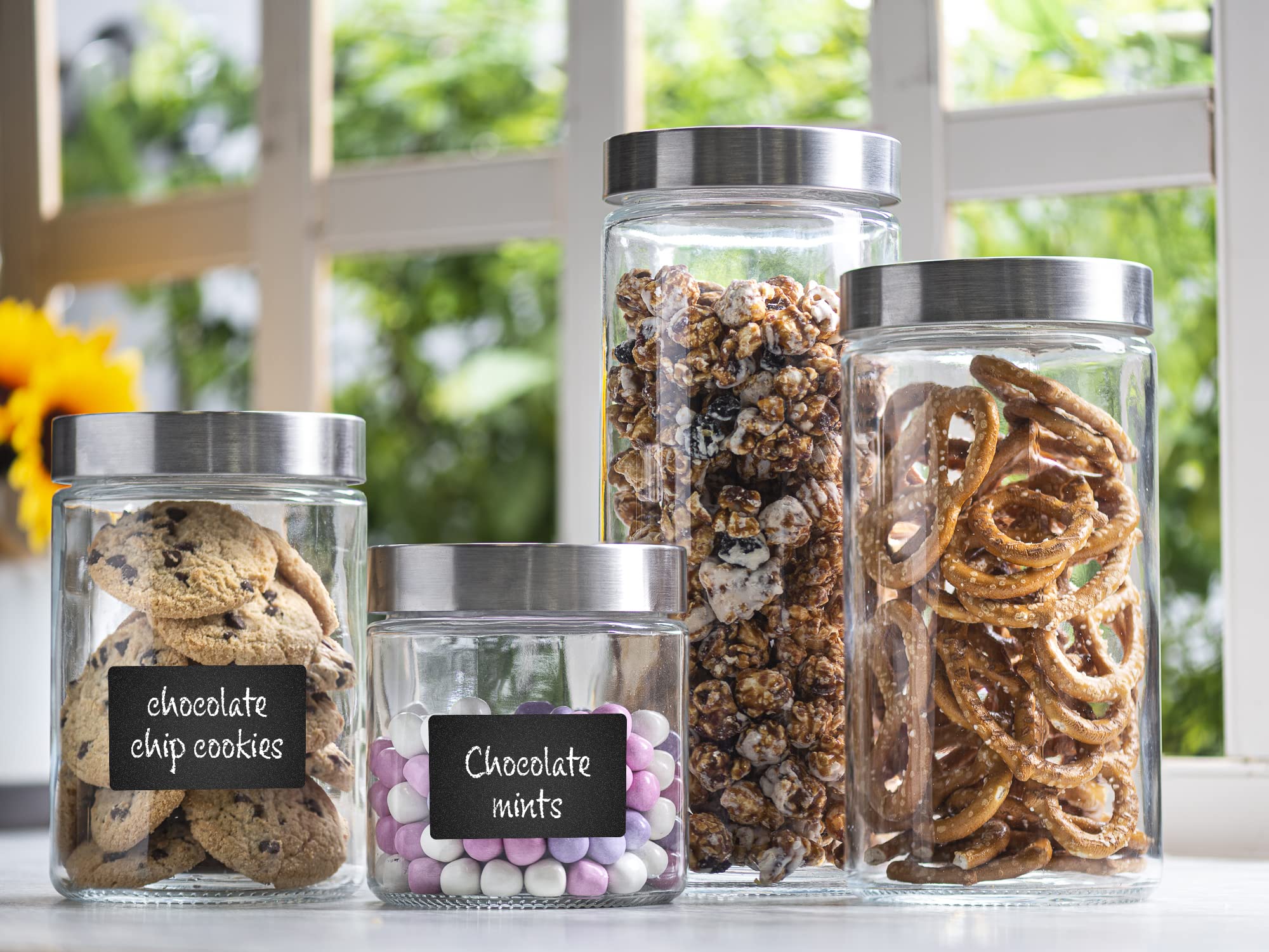 4pc Canister Sets for Kitchen Counter or Bathroom + Labels & Marker, Glass Cookie Jars with Airtight Lids - Food Storage Containers with Lids Airtight for Pantry - Flour, Sugar, Coffee, Cookies, etc.