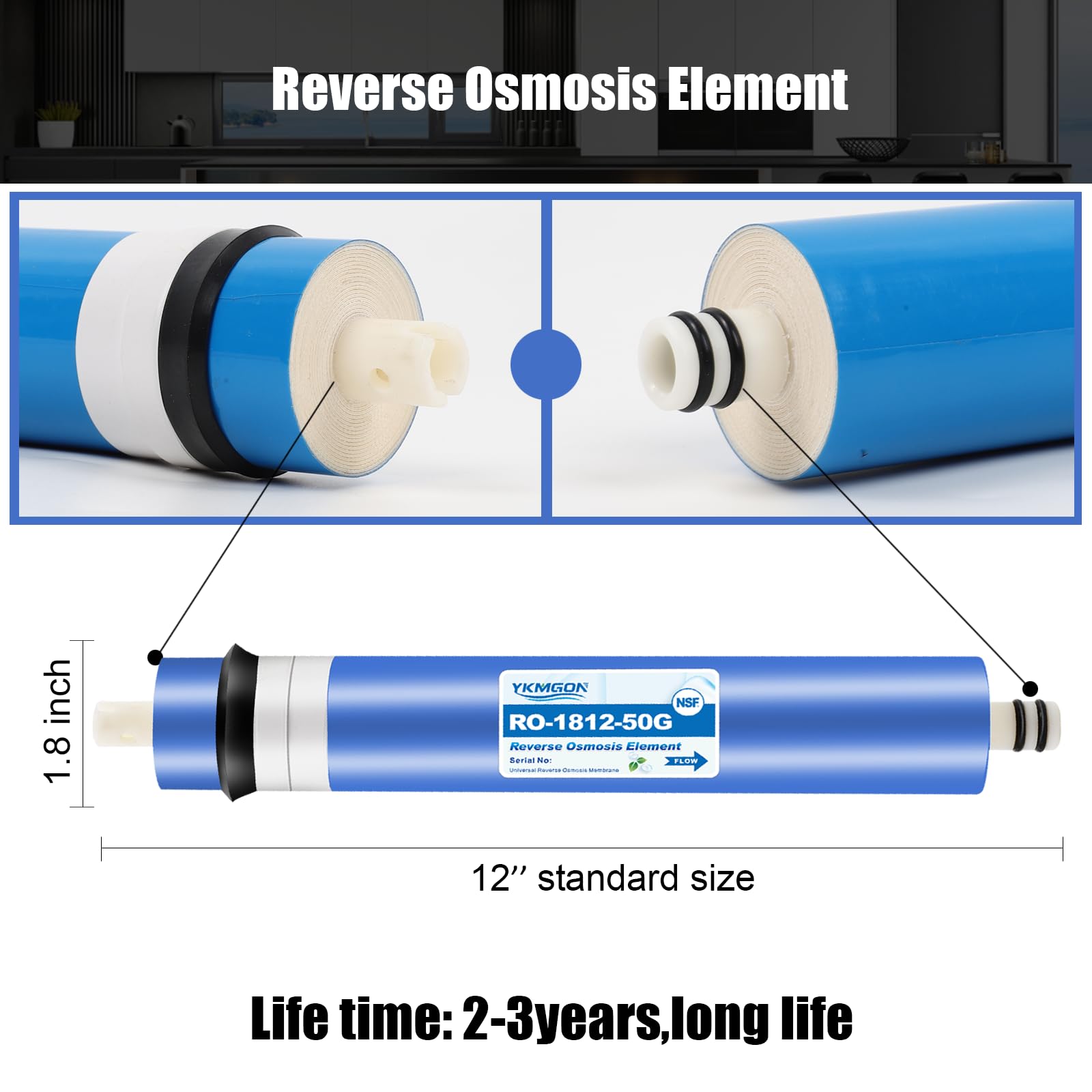 YKMGON 50 GPD Reverse Osmosis RO Membrane Element，12"x1.8" Replacement Water Filter or Under Sink Home Drinking RO Water Purifier System