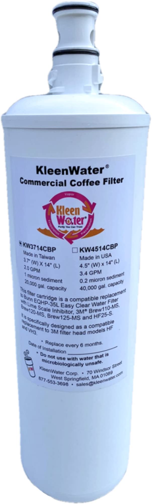 Kleenwater Compatible Replacement for 3M HF60-S, Replacement for Commercial Coffee and Ice Filter, Made in the USA