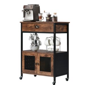 Catrimown Coffee Cart with Storage, Coffee Bar Cabinet on Wheels, Small Microwave Cart with Drawer for Kitchen, Living Room, Rustic Brown