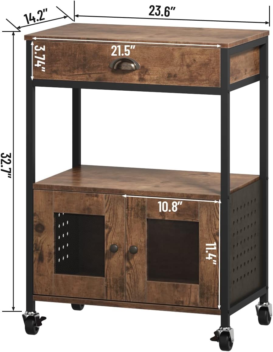 Catrimown Coffee Cart with Storage, Coffee Bar Cabinet on Wheels, Small Microwave Cart with Drawer for Kitchen, Living Room, Rustic Brown