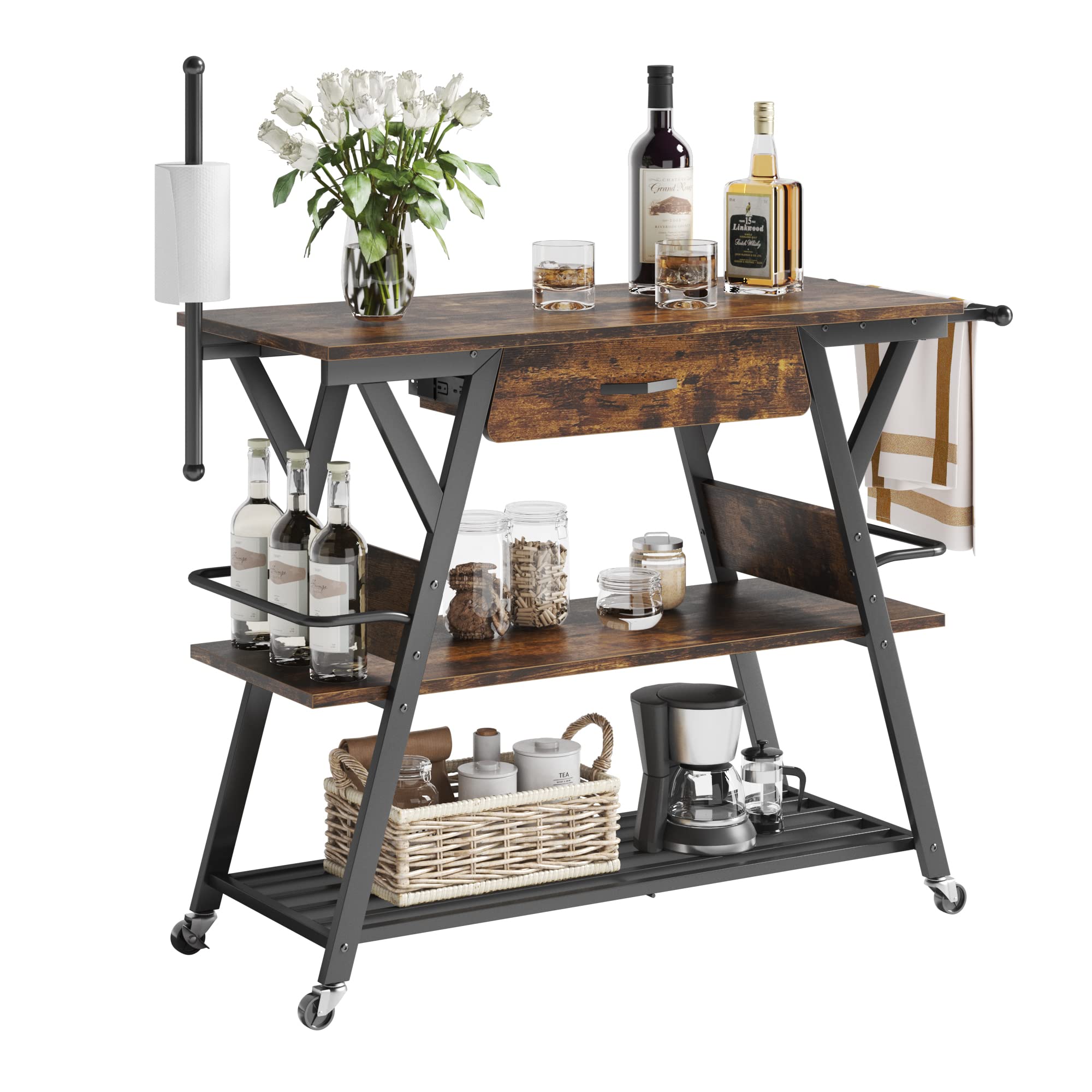 Bestier Coffee Bar Station, Kitchen Island Cart with Storage, Coffee Cart with Drawer, Paper Towel Holder and Lockable Wheels, Bar Table for Dinning Room Living Room, Rustic