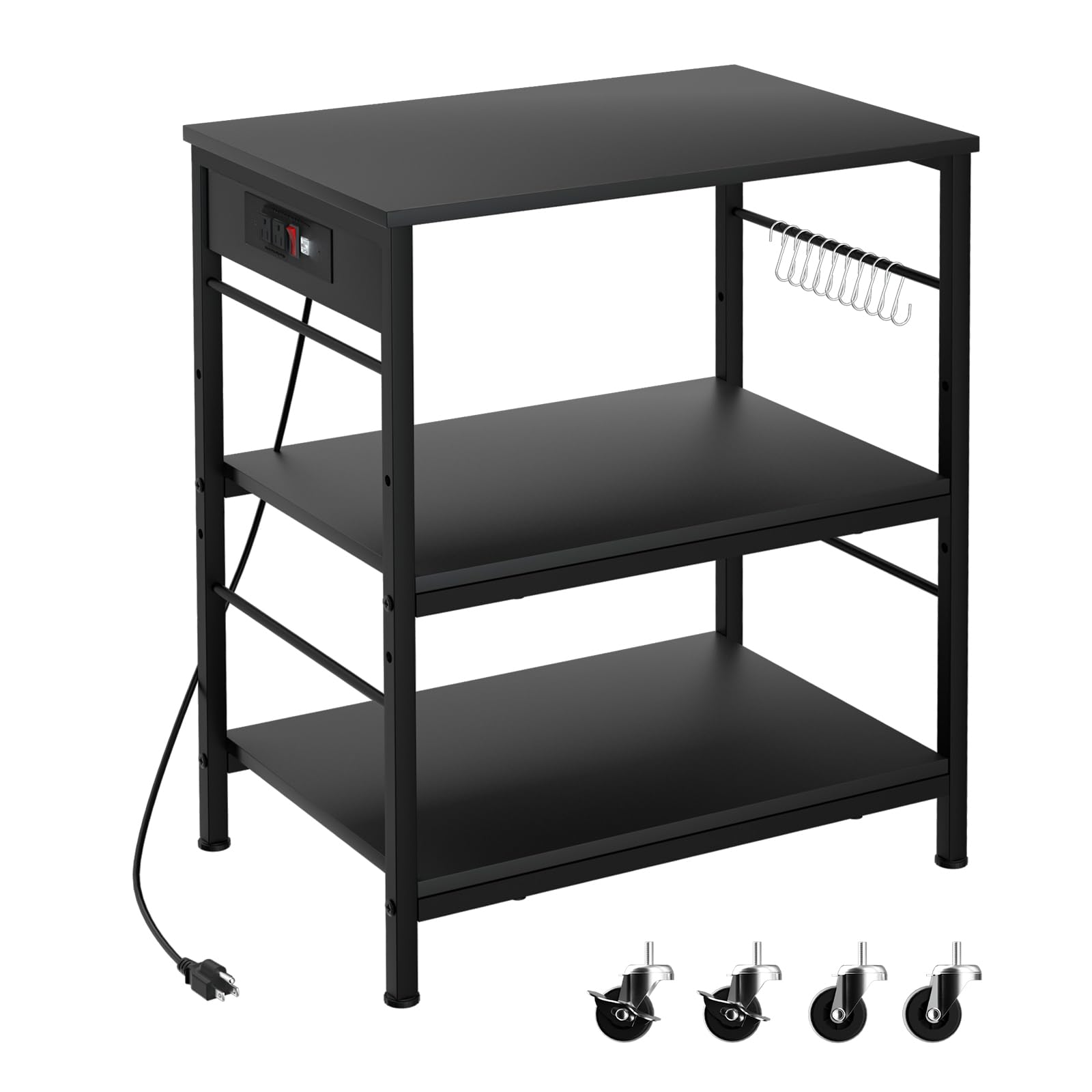 Bakers Rack with Power Outlet Microwave Shelf Stand Black Coffee Bar Table Cart 3 Tier Kitchen Carts on Wheels with Storage and 10 S-Shaped Hooks for Living Room Dining Room Office