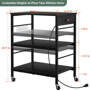 Bakers Rack with Power Outlet Microwave Shelf Stand Black Coffee Bar Table Cart 3 Tier Kitchen Carts on Wheels with Storage and 10 S-Shaped Hooks for Living Room Dining Room Office