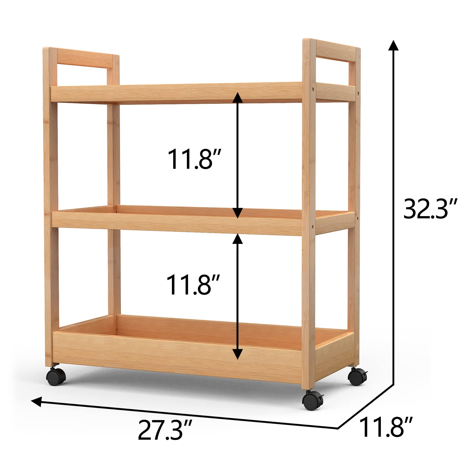 Purbambo Kitchen Storage Cart on Wheels, 3 Tier Bamboo Rolling Cart, Mobile Utility Cart for Home, Kitchen, Dining Room, Coffee Bar