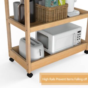 Purbambo Kitchen Storage Cart on Wheels, 3 Tier Bamboo Rolling Cart, Mobile Utility Cart for Home, Kitchen, Dining Room, Coffee Bar