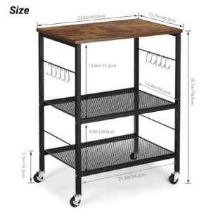 LIANTRAL Rolling Cart, 3-Tier Utility Microwave Bar Coffee Cart Kitchen Storage Shelf On Wheels, Brown Large Side End Table Nightstand for Home Office