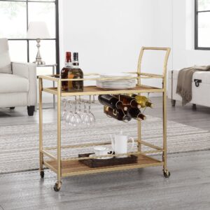 firstime & co. gold and brown francesca bar cart, 2 tier mobile mini bar, kitchen serving cart and coffee station with storage for wine and glasses, metal and wood, modern