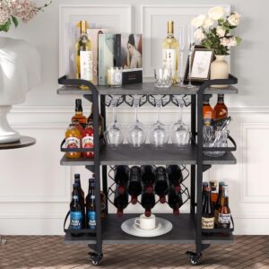 jubao 3-tier bar cart for the home mobile serving with glass holders and 8 wine racks storage, wine trolley kitchen island cart on wheels, modern coffee cart for kitchen outdoor