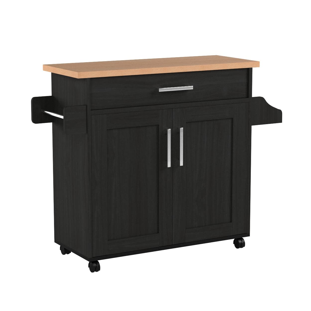 Hodedah Kitchen Island with Spice Rack, Towel Rack & Drawer, Black with Beech Top