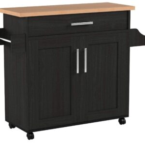 Hodedah Kitchen Island with Spice Rack, Towel Rack & Drawer, Black with Beech Top