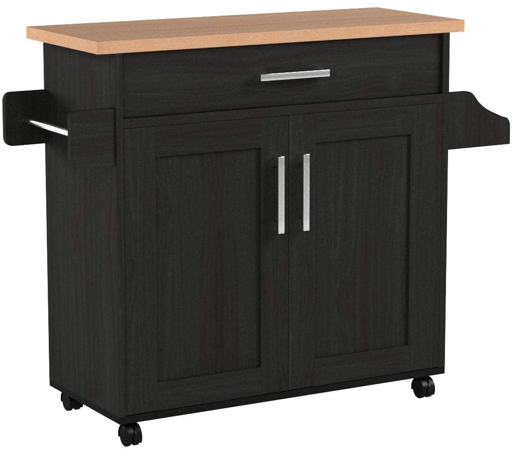 Hodedah Kitchen Island with Spice Rack, Towel Rack & Drawer, Black with Beech Top