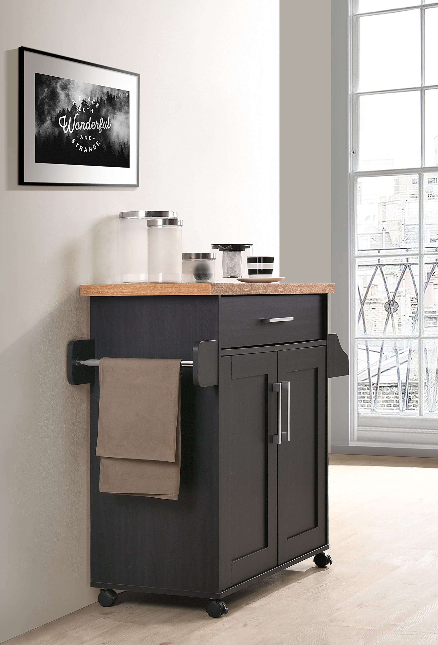 Hodedah Kitchen Island with Spice Rack, Towel Rack & Drawer, Black with Beech Top