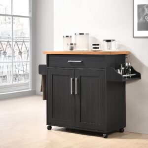 Hodedah Kitchen Island with Spice Rack, Towel Rack & Drawer, Black with Beech Top