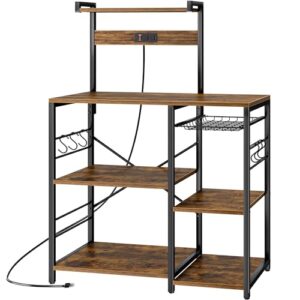 superjare bakers rack with power outlet, microwave stand, coffee bar with wire basket, kitchen storage rack with 6 s-hooks, kitchen shelves for spices, pots and pans - rustic brown