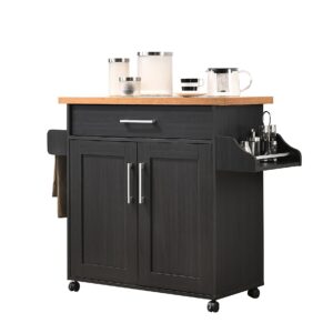 Hodedah Kitchen Island with Spice Rack, Towel Rack & Drawer, Black with Beech Top