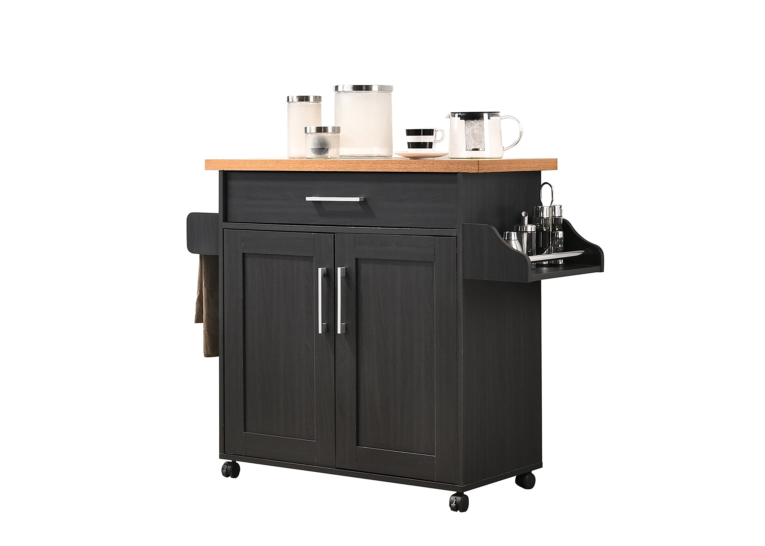 Hodedah Kitchen Island with Spice Rack, Towel Rack & Drawer, Black with Beech Top