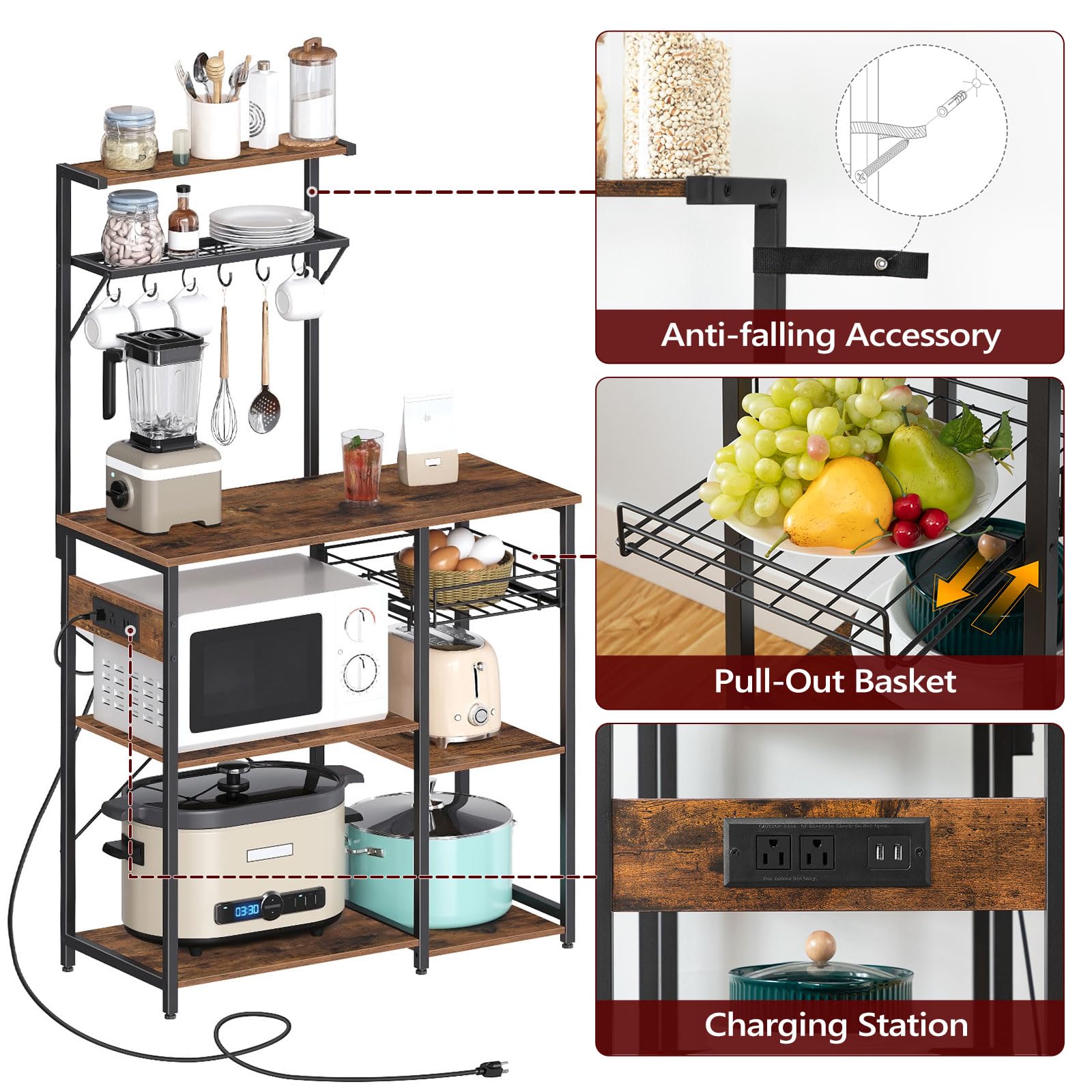 MAHANCRIS Bakers Rack with Power Outlet, Microwave Stand, Industrial Coffee Bar with Wire Basket, Kitchen Storage Rack with 6 S-Shaped Hooks, for Spices, Pots and Pans, Rustic Brown BRHR90E01Z