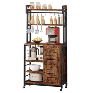 ironck bakers rack, microwave stand with power outlets, kitchen storage with wheels & feet, coffee station with cabinets and 10 s-hooks, vintage brown