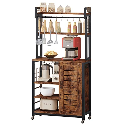 IRONCK Bakers Rack, Microwave Stand with Power Outlets, Kitchen Storage with Wheels & Feet, Coffee Station with Cabinets and 10 S-Hooks, Vintage Brown