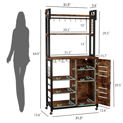 IRONCK Bakers Rack, Microwave Stand with Power Outlets, Kitchen Storage with Wheels & Feet, Coffee Station with Cabinets and 10 S-Hooks, Vintage Brown