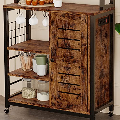 IRONCK Bakers Rack, Microwave Stand with Power Outlets, Kitchen Storage with Wheels & Feet, Coffee Station with Cabinets and 10 S-Hooks, Vintage Brown