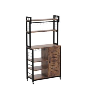 IRONCK Bakers Rack, Microwave Stand with Power Outlets, Kitchen Storage with Wheels & Feet, Coffee Station with Cabinets and 10 S-Hooks, Vintage Brown