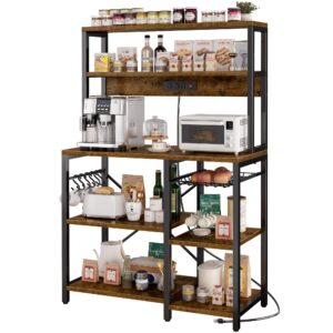 superjare bakers rack with power outlet, 35.4 inches coffee bar with wire basket, kitchen microwave stand with 6 s-shaped hooks, open storage shelves, rustic brown