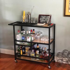 bar and serving cart industrial & modern rustic rolling bar and serving cart,3-tiered wood & metal kitchen bar cart island with wheels,move storage coffee/wine island shelf,black