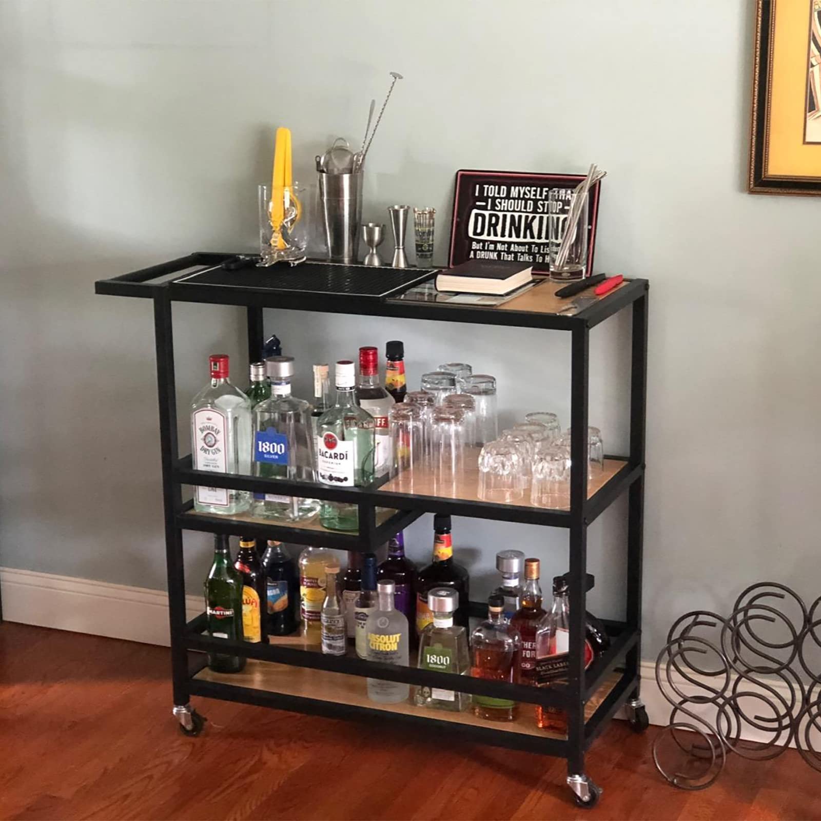 Bar and Serving Cart Industrial & Modern Rustic Rolling Bar and Serving Cart,3-Tiered Wood & Metal Kitchen Bar Cart Island with Wheels,Move Storage Coffee/Wine Island Shelf,Black