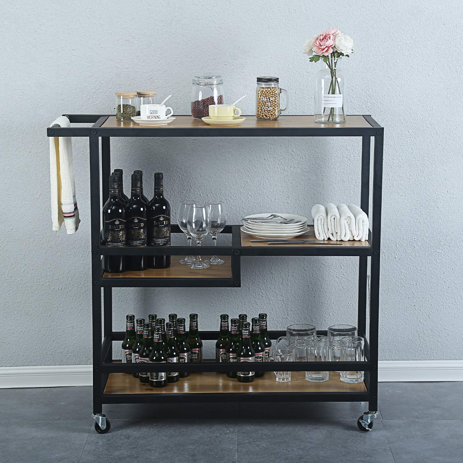 Bar and Serving Cart Industrial & Modern Rustic Rolling Bar and Serving Cart,3-Tiered Wood & Metal Kitchen Bar Cart Island with Wheels,Move Storage Coffee/Wine Island Shelf,Black