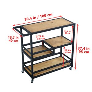 Bar and Serving Cart Industrial & Modern Rustic Rolling Bar and Serving Cart,3-Tiered Wood & Metal Kitchen Bar Cart Island with Wheels,Move Storage Coffee/Wine Island Shelf,Black