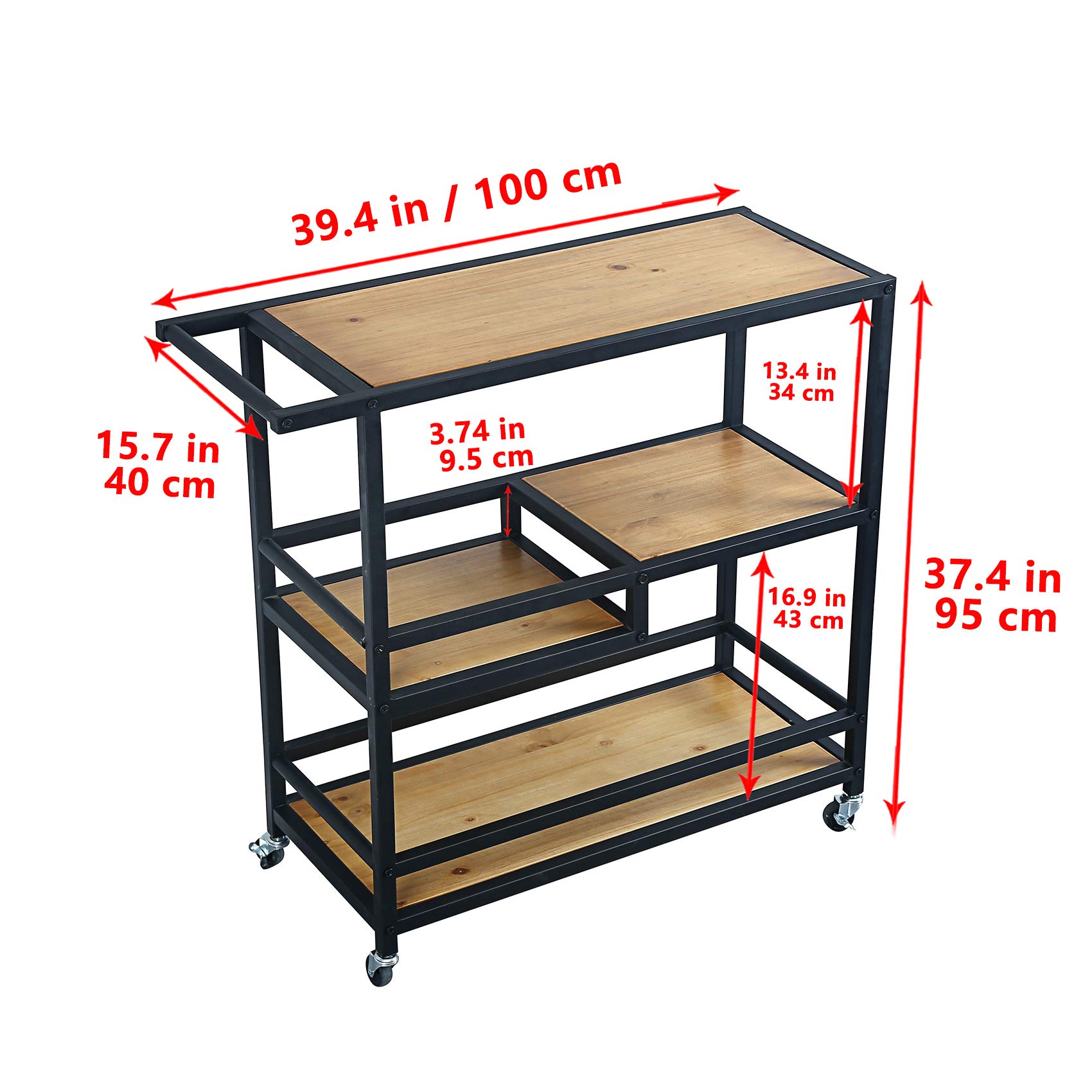 Bar and Serving Cart Industrial & Modern Rustic Rolling Bar and Serving Cart,3-Tiered Wood & Metal Kitchen Bar Cart Island with Wheels,Move Storage Coffee/Wine Island Shelf,Black