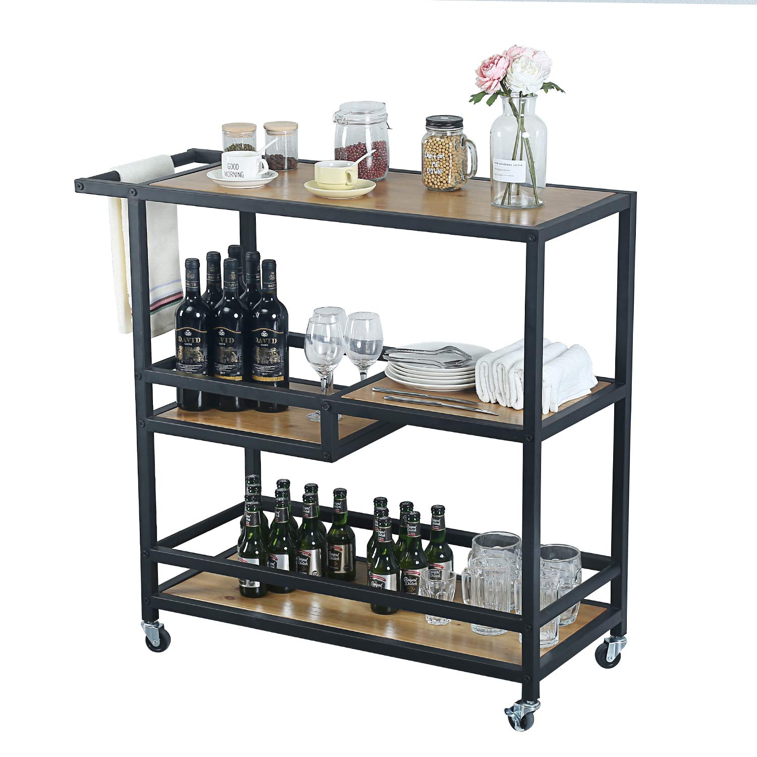 Bar and Serving Cart Industrial & Modern Rustic Rolling Bar and Serving Cart,3-Tiered Wood & Metal Kitchen Bar Cart Island with Wheels,Move Storage Coffee/Wine Island Shelf,Black