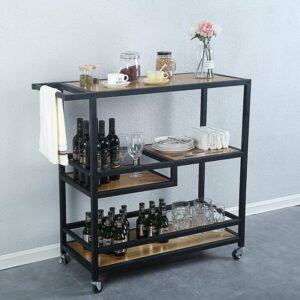 Bar and Serving Cart Industrial & Modern Rustic Rolling Bar and Serving Cart,3-Tiered Wood & Metal Kitchen Bar Cart Island with Wheels,Move Storage Coffee/Wine Island Shelf,Black