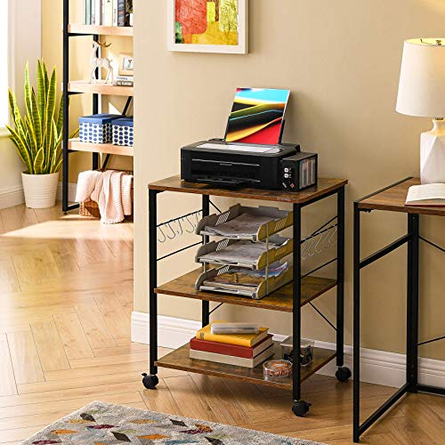 Mr IRONSTONE Baker's Rack, Kitchen Microwave Cart, Coffee Bar Table Station, 3-Tier Kitchen Utility Storage Shelf with Rolling Wheels Coffee Cart Kitchen Microwave Stand with 10 Hooks, Rustic Brown