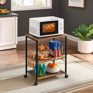 Mr IRONSTONE Baker's Rack, Kitchen Microwave Cart, Coffee Bar Table Station, 3-Tier Kitchen Utility Storage Shelf with Rolling Wheels Coffee Cart Kitchen Microwave Stand with 10 Hooks, Rustic Brown