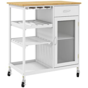 homcom rolling kitchen island with storage, kitchen cart with 4-bottle wine rack, bar cart with stemware holder, shelves, drawer and cabinet, white