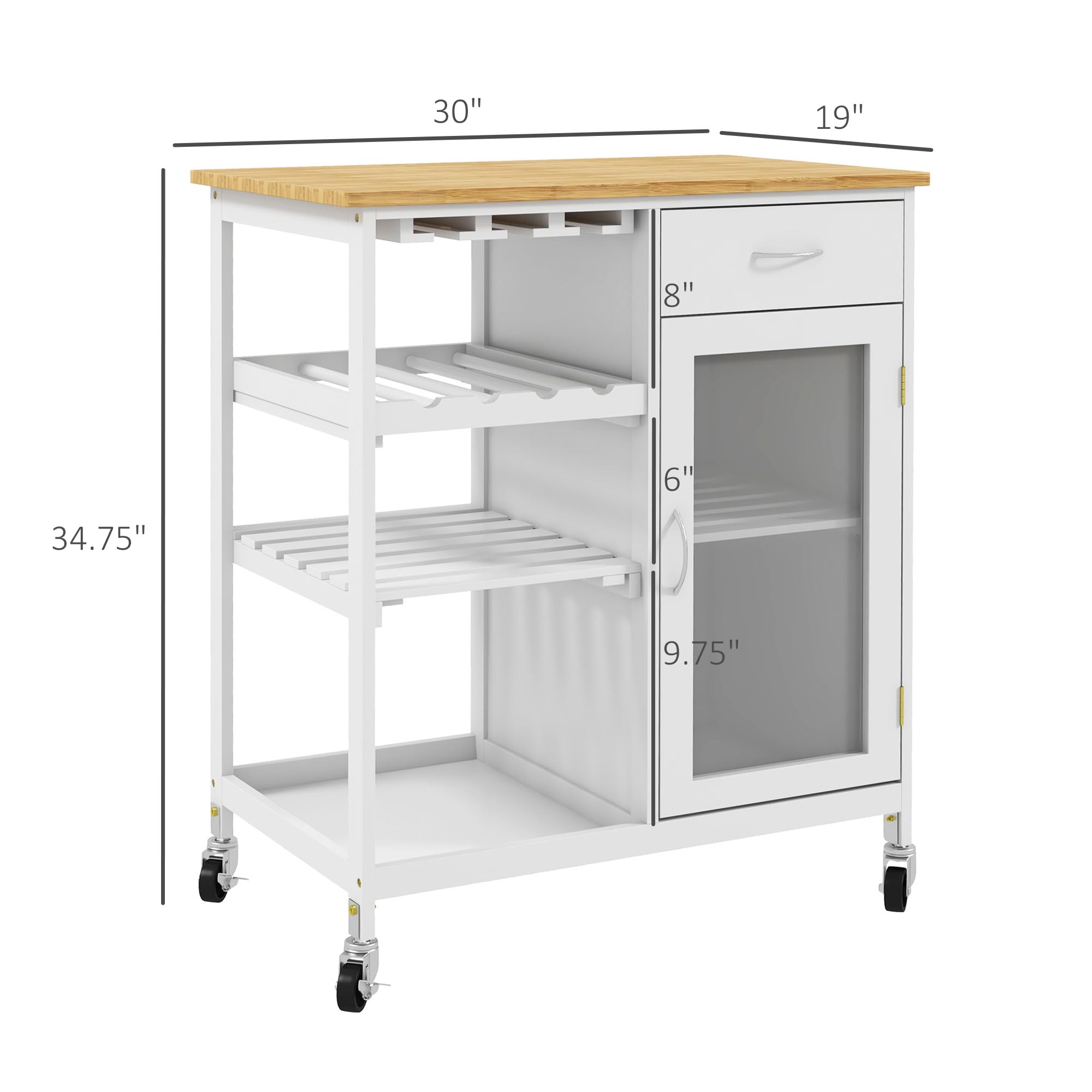 HOMCOM Rolling Kitchen Island with Storage, Kitchen Cart with 4-bottle Wine Rack, Bar Cart with Stemware Holder, Shelves, Drawer and Cabinet, White