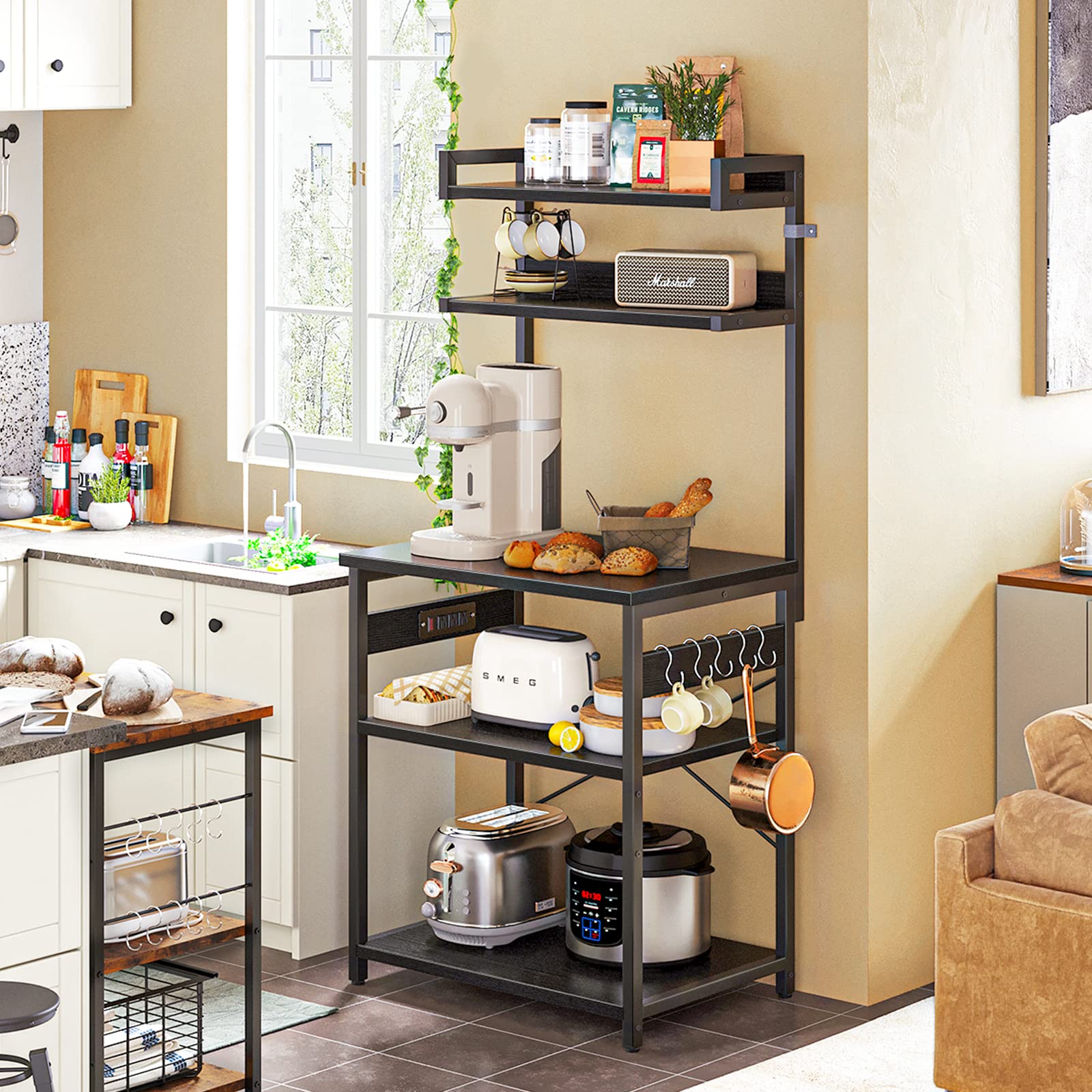 ODK Bakers Rack with Power Outlet, Coffee Bar with Storage 5-Tiers, Microwave Stand Kitchen rack 16.5 * 23.6 * 59 inches, Kitchen Shelf, Black