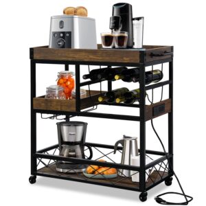 ohsuaniy bar cart with power outlet, industrial kitchen serving cart with wine rack & glass holder, coffee bar table station with storage, rolling cart on wheels with 59in cord, brown