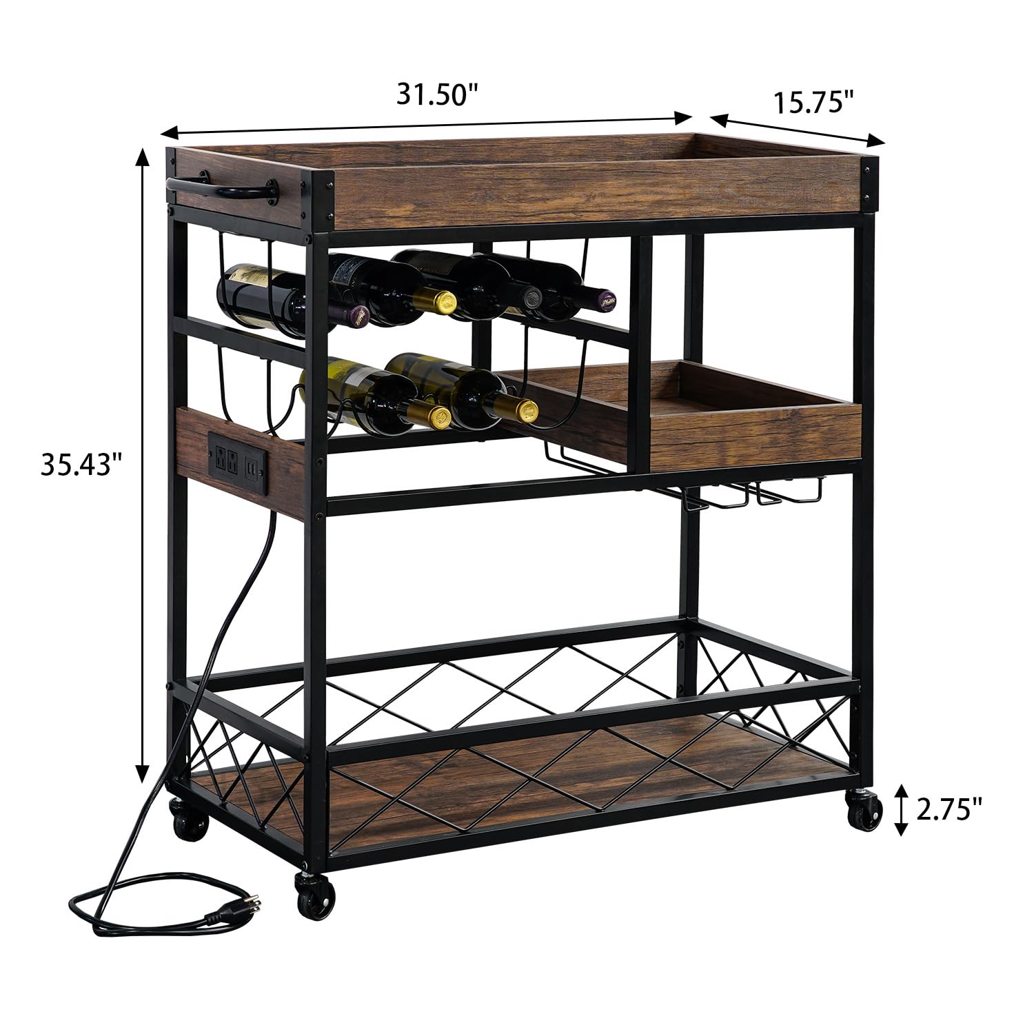 Ohsuaniy Bar Cart with Power Outlet, Industrial Kitchen Serving Cart with Wine Rack & Glass Holder, Coffee Bar Table Station with Storage, Rolling Cart on Wheels with 59IN Cord, Brown