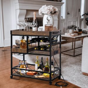 Ohsuaniy Bar Cart with Power Outlet, Industrial Kitchen Serving Cart with Wine Rack & Glass Holder, Coffee Bar Table Station with Storage, Rolling Cart on Wheels with 59IN Cord, Brown