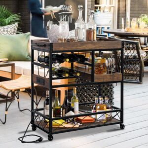 Ohsuaniy Bar Cart with Power Outlet, Industrial Kitchen Serving Cart with Wine Rack & Glass Holder, Coffee Bar Table Station with Storage, Rolling Cart on Wheels with 59IN Cord, Brown