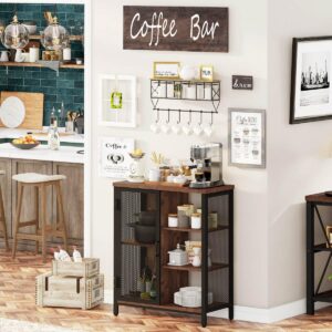 BON AUGURE Coffee Bar Cabinet for Home Liquor, Small Storage Cabinet for Kitchen and Entryway, Farmhouse Industrial Buffet Sideboard with Adjustable Shelves (Rustic Oak)