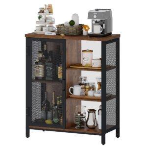 BON AUGURE Coffee Bar Cabinet for Home Liquor, Small Storage Cabinet for Kitchen and Entryway, Farmhouse Industrial Buffet Sideboard with Adjustable Shelves (Rustic Oak)